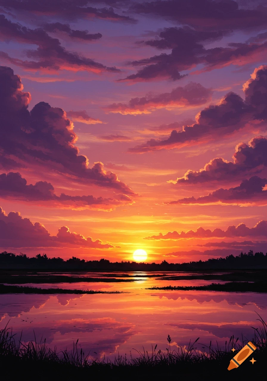 A vibrant, colorful sunset over a tranquil body of water, with reflections of the sky and sun ...