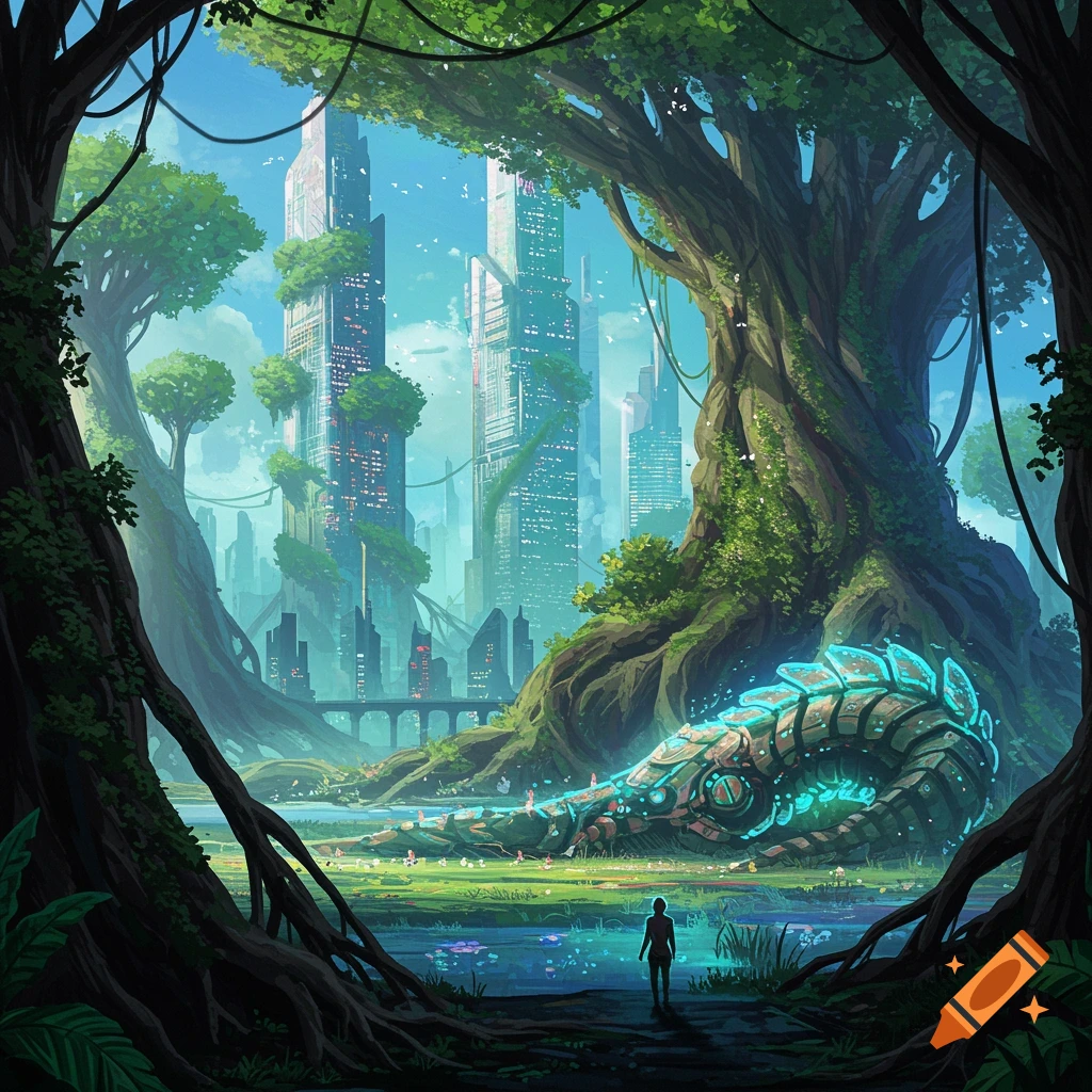 A person stands before a large glowing alien structure in a futuristic city overgrown with lush ...