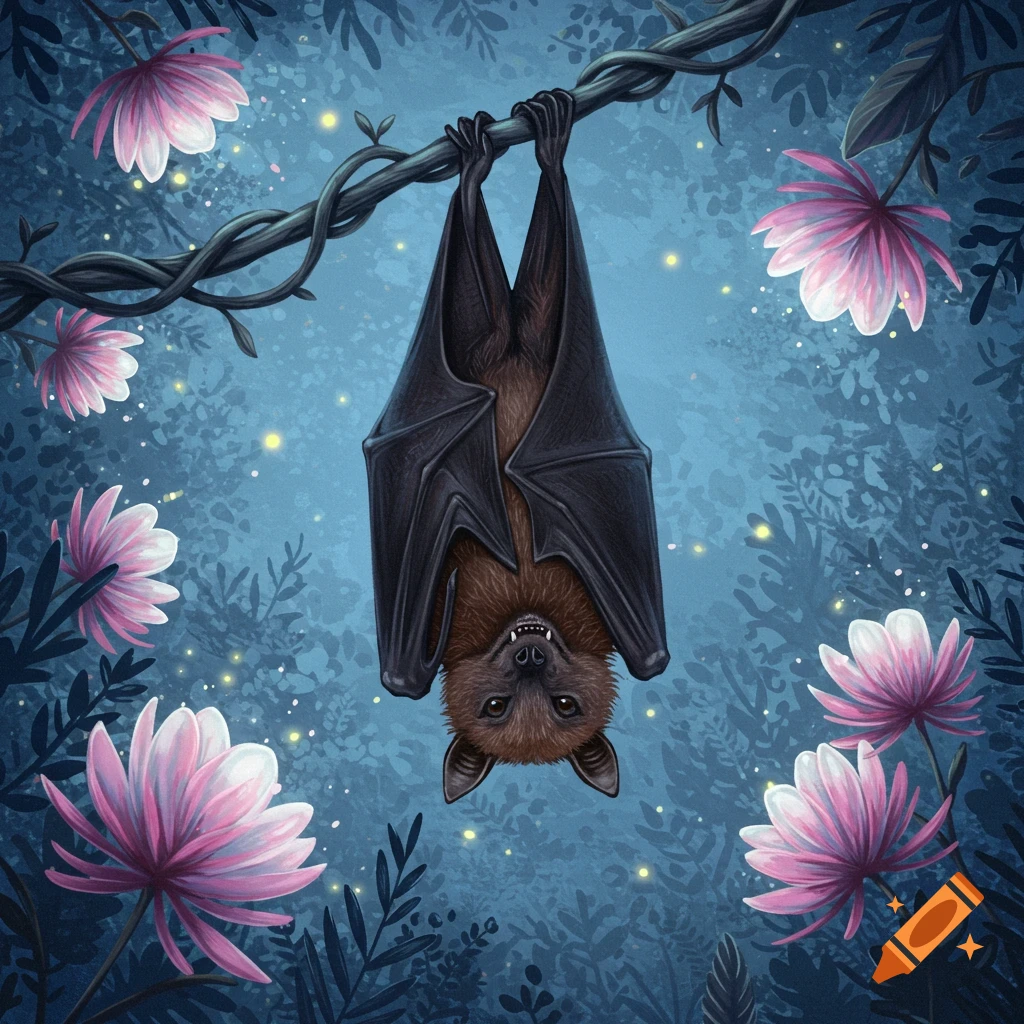 Illustrated bat hanging upside down from a branch, showing teeth ...