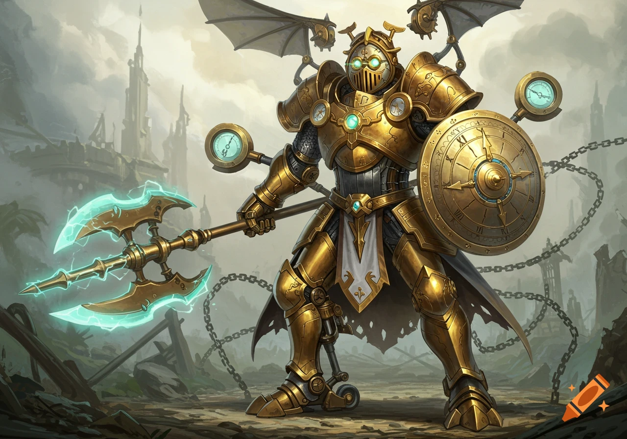 A leonine artificer in ornate armor holds a large cannon in a glowing ...