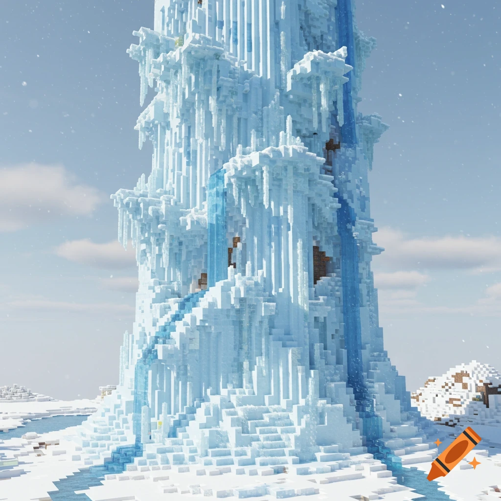 A towering structure made of blue and white ice blocks in a Minecraft ...