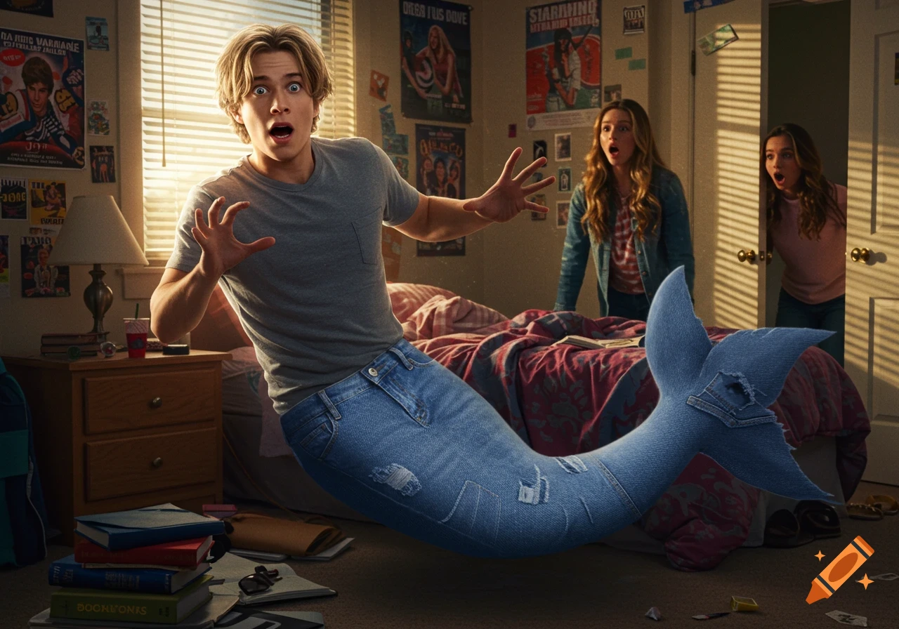 A high school guy with a denim mermaid tail floats in his bedroom ...
