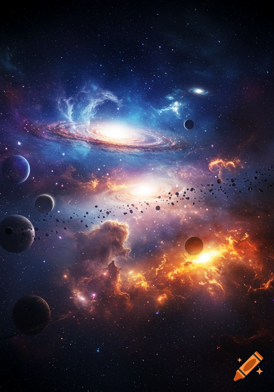 A vibrant, colorful cosmic landscape featuring multiple swirling galaxies, planets, and shooting ...