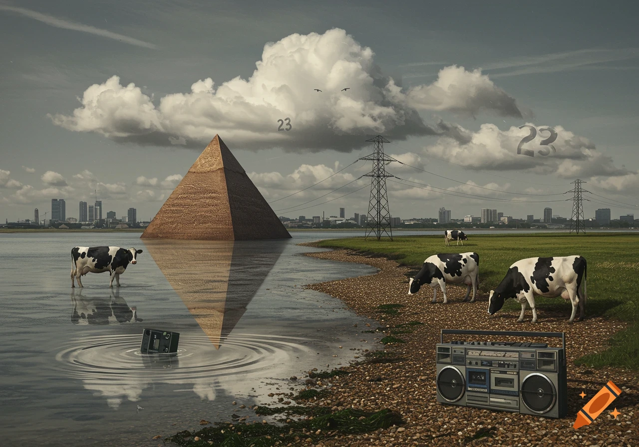 Surreal landscape with cows, a pyramid, and a boombox in water, against ...
