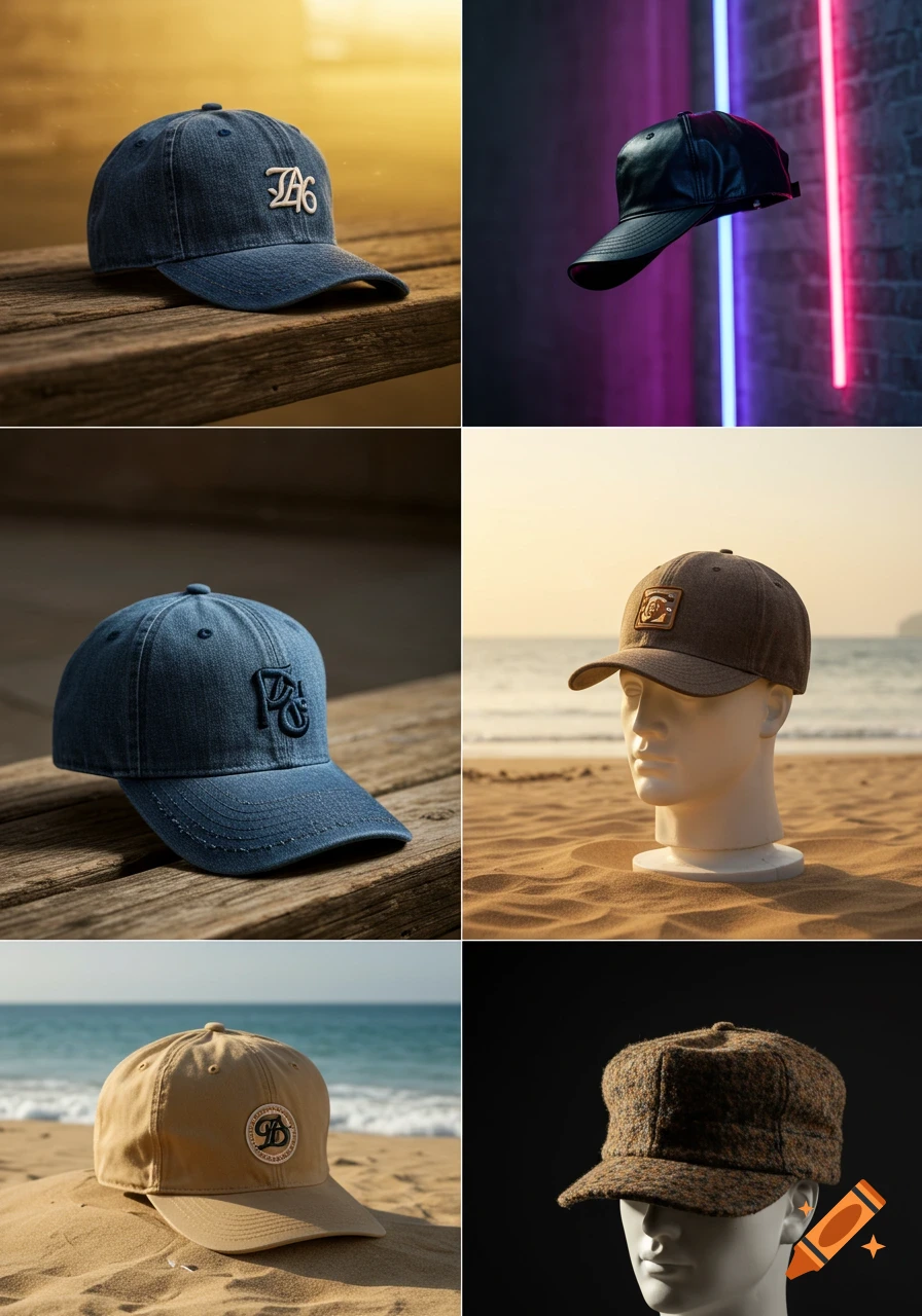 A grid of six photorealistic images displaying various baseball caps ...