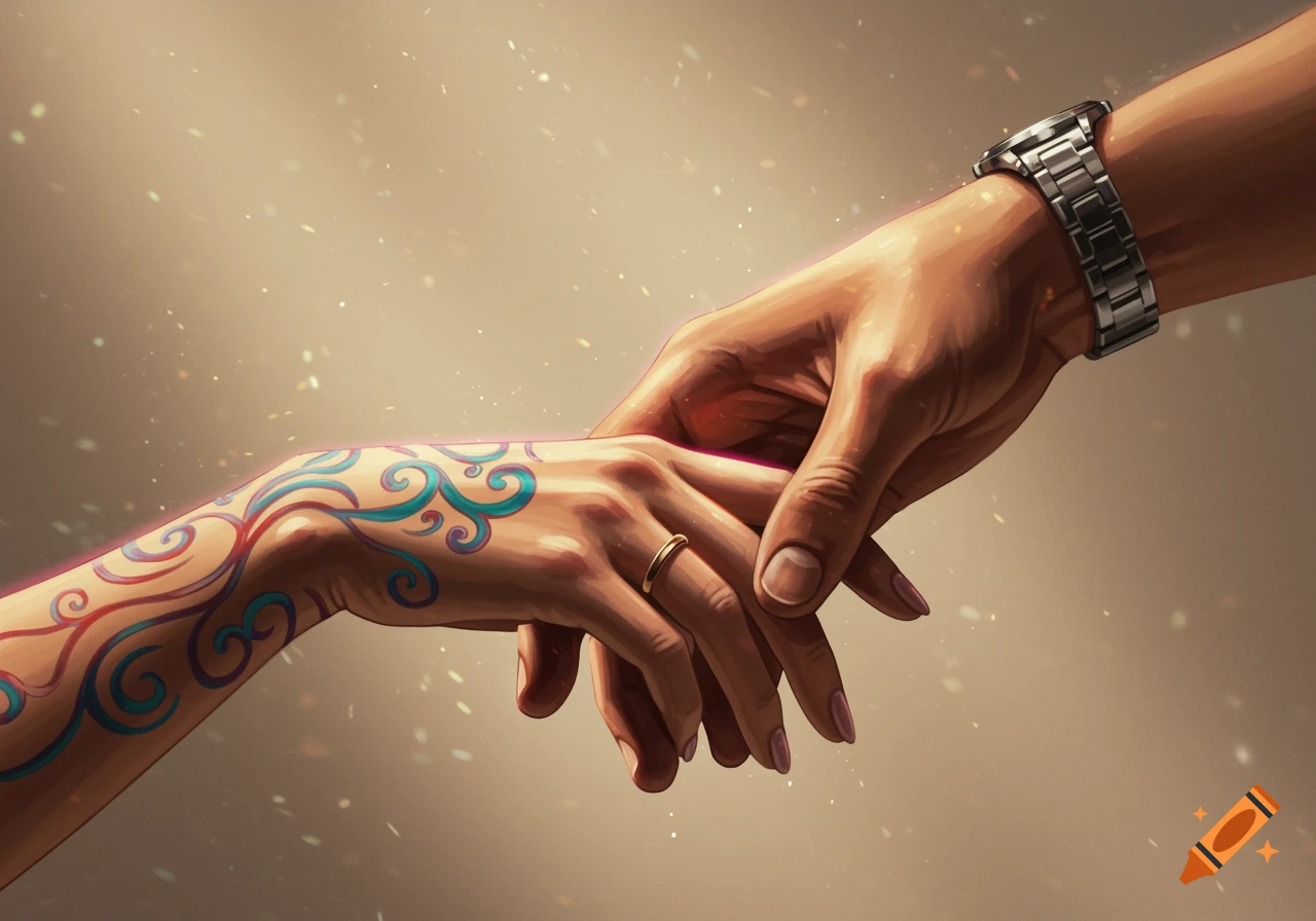 Two different colored hands clasped above a brick wall with plant ...