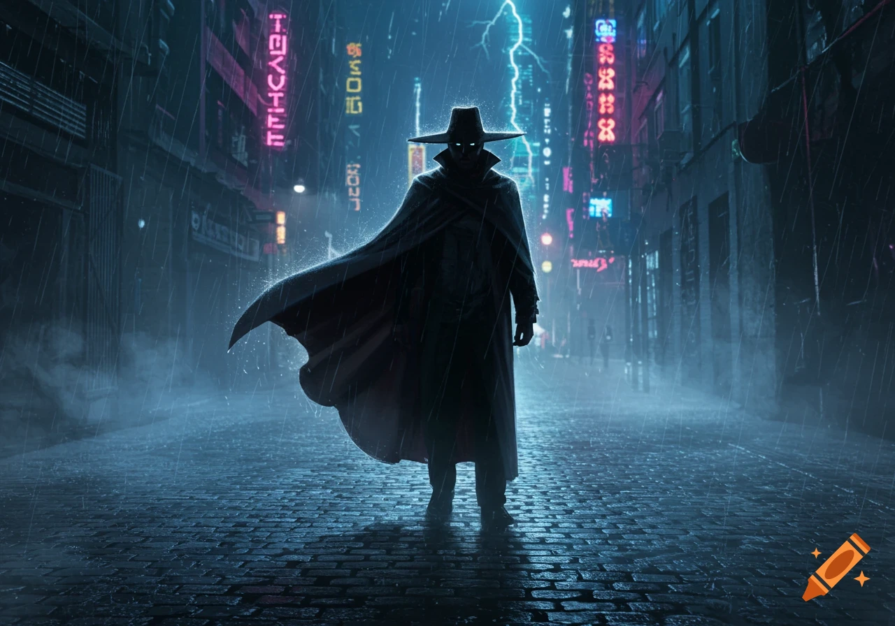 Comic art of a shadowy detective in a dark alley at night, using a ...