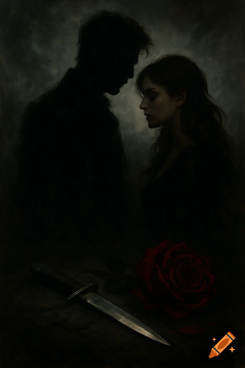 A dark, moody painting shows a silhouetted man looming over a woman ...