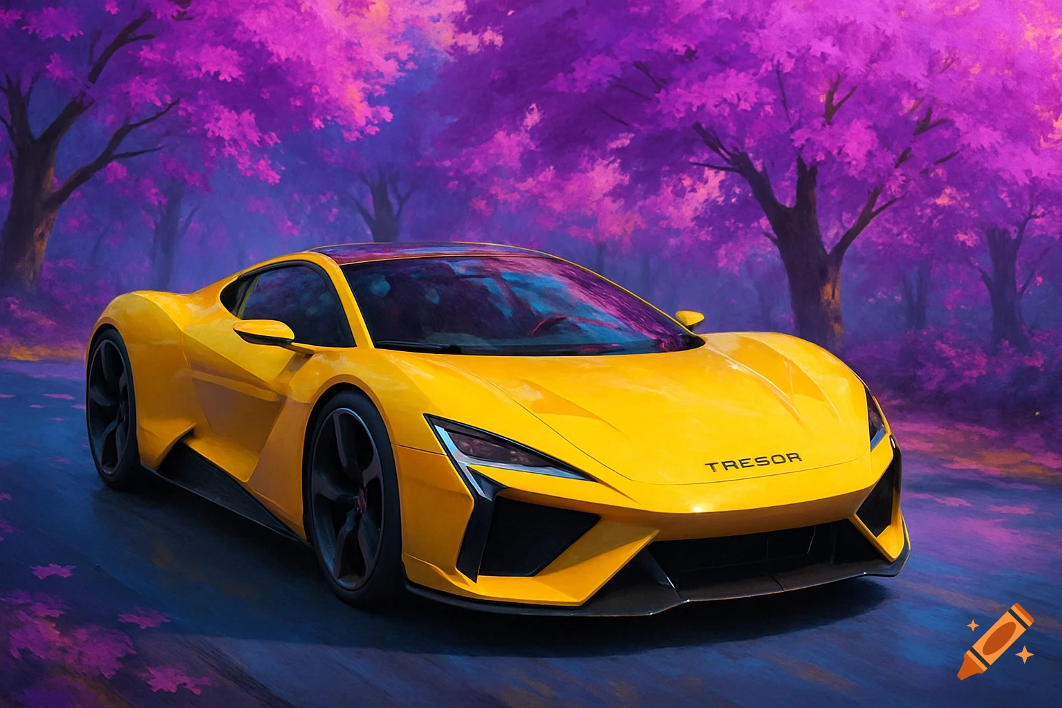 A vibrant yellow futuristic sports car drives on a blue road under ...