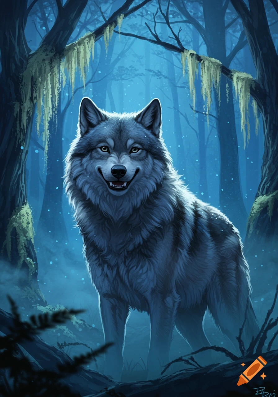 A grey wolf with a happy smile stands in a mystical, blue-lit forest ...