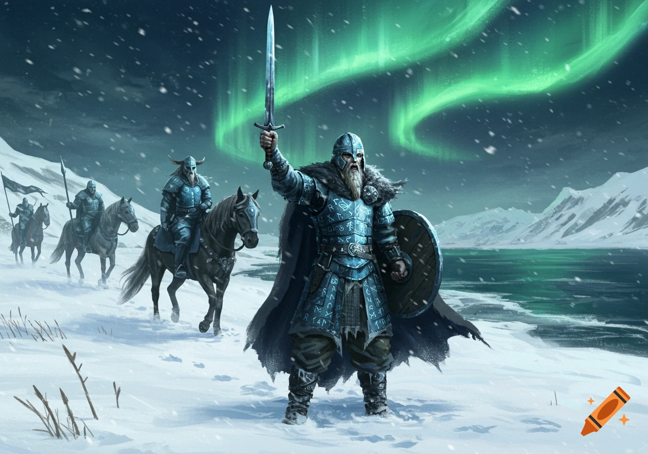 Armored warriors led by a sword-wielding Viking stand in a snowy ...