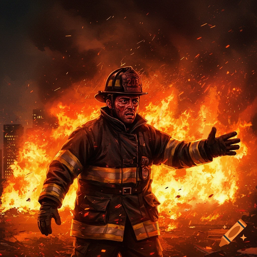 A strong firefighter in dark gear and a helmet stands bound by chains ...