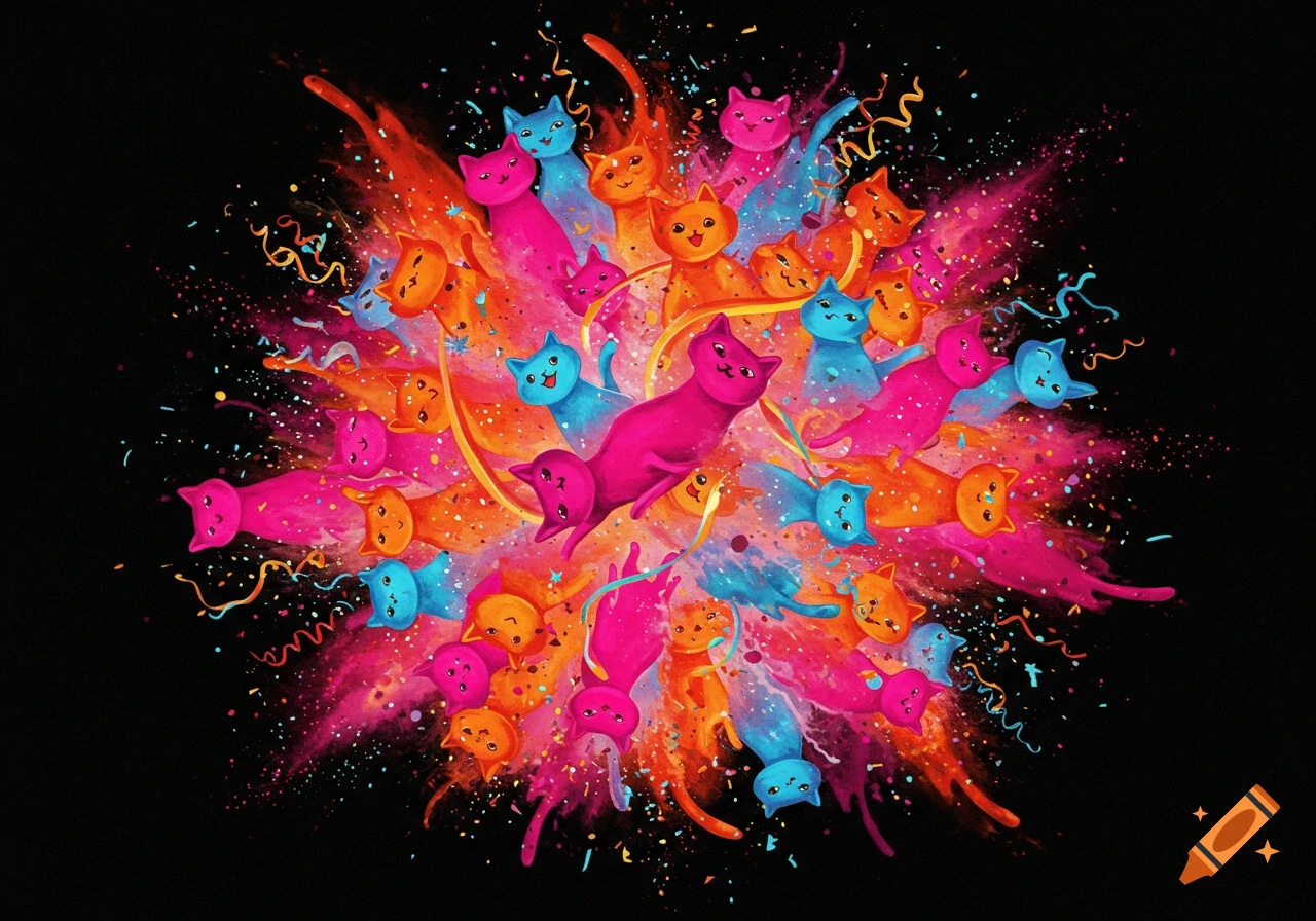 Stylized colorful cats bursting outwards in an explosion of pink ...