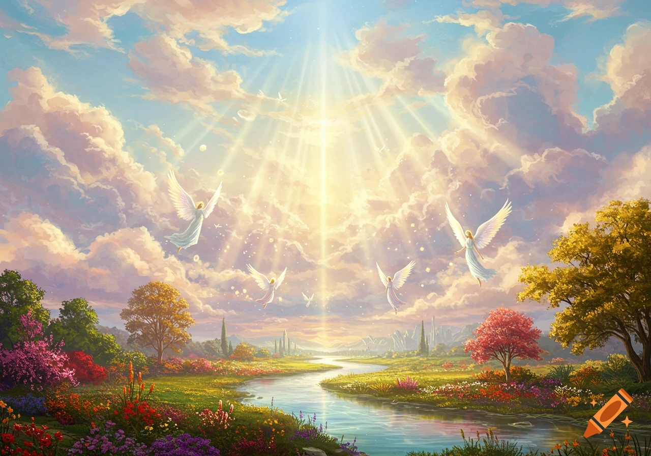 A vibrant ethereal landscape depicting heaven, with angels flying above ...