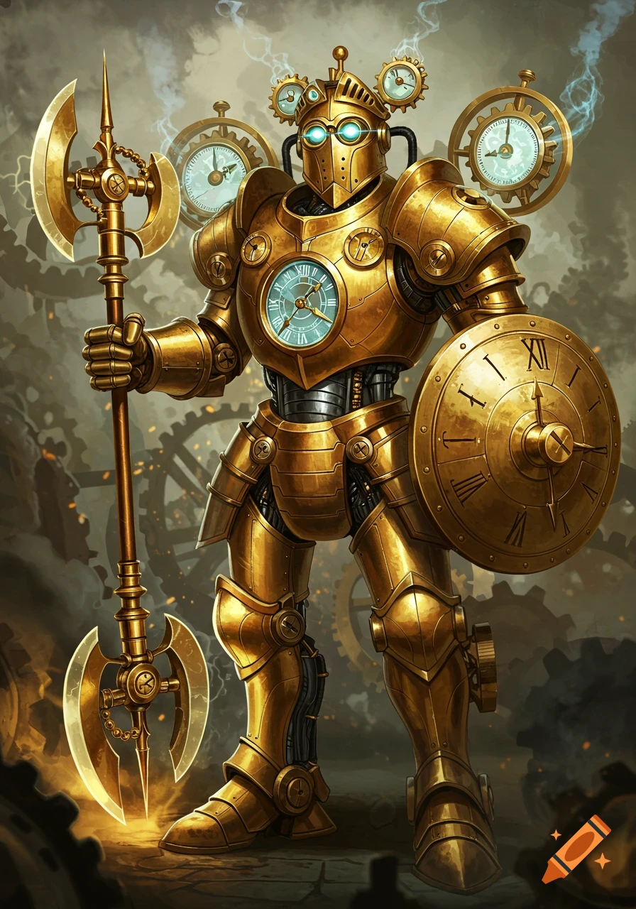 A golden clockwork knight in ornate armor holds a large axe and a ...