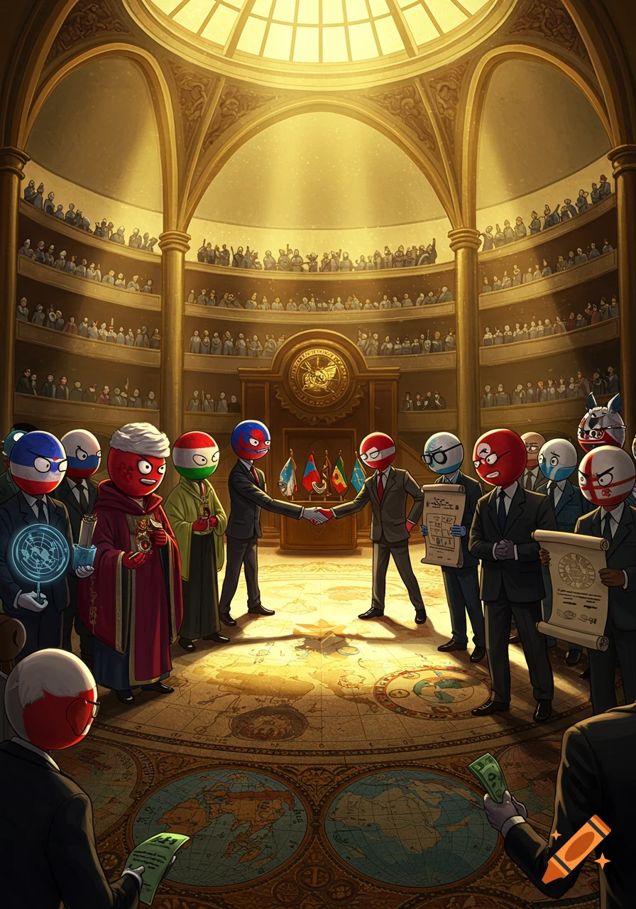 Cartoon Israel and Japan countryballs at a wedding under an arch ...