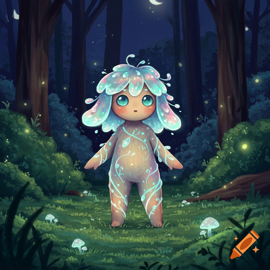 A cute, pastel-colored mushroom creature with big eyes glows in a dark magical forest at night ...