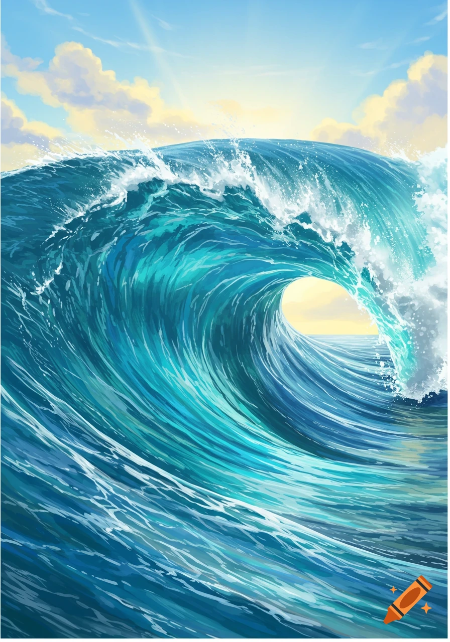 Vibrant painterly image of a large turquoise ocean wave cresting under ...