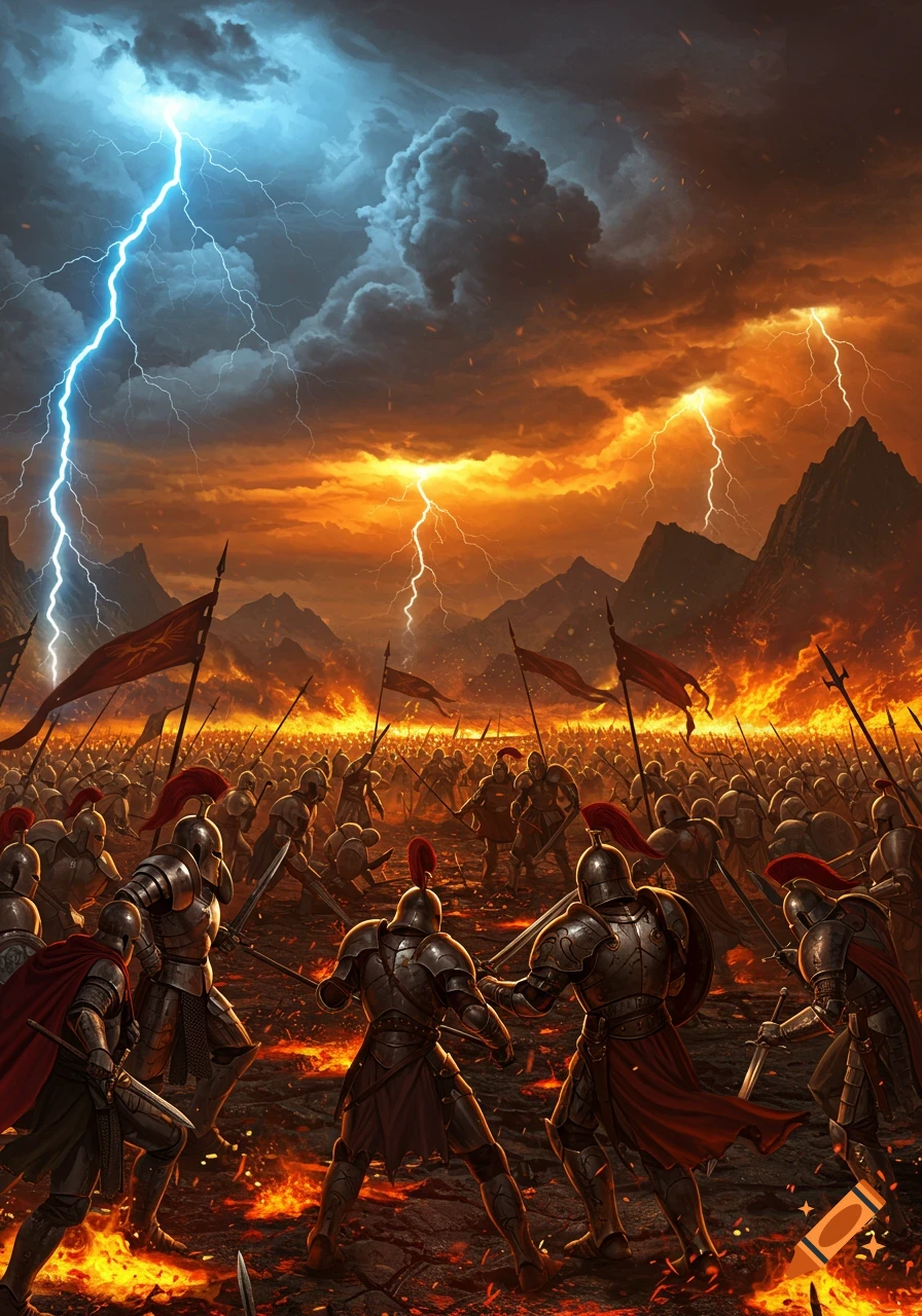 An epic fantasy illustration of armored soldiers battling on a fiery ...