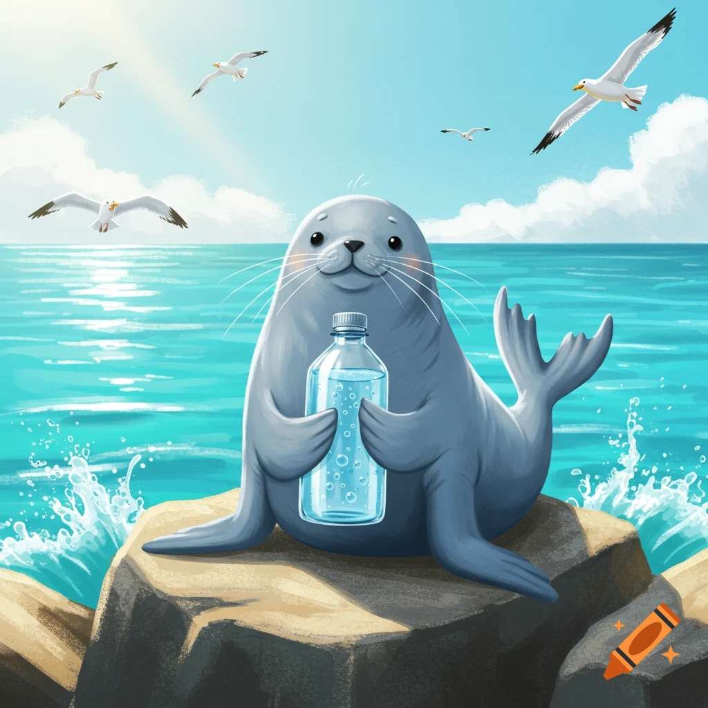 A friendly cartoon walrus on an ice floe under a sunset sky, asking ...