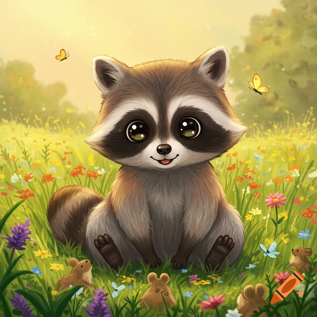 Cute cartoon raccoon sitting in a vibrant field of colorful wildflowers ...