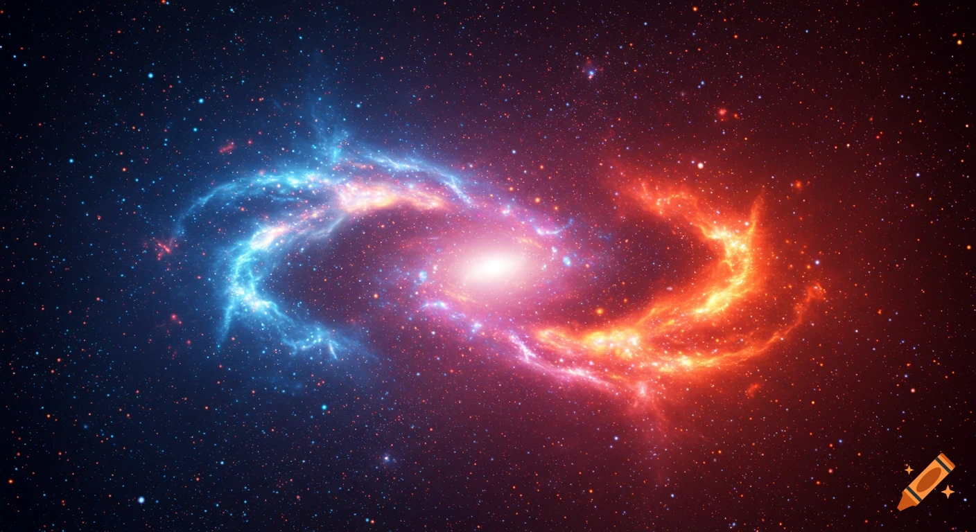 A vibrant red space scene with a large planet, a small distant planet ...