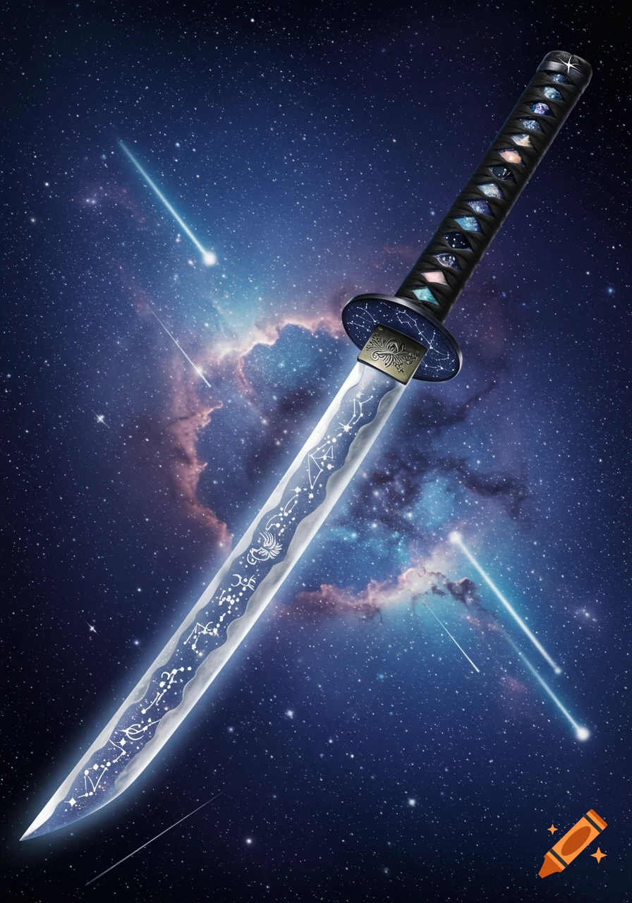 Two black, chrome, and crimson katana blades crossed in an X shape ...