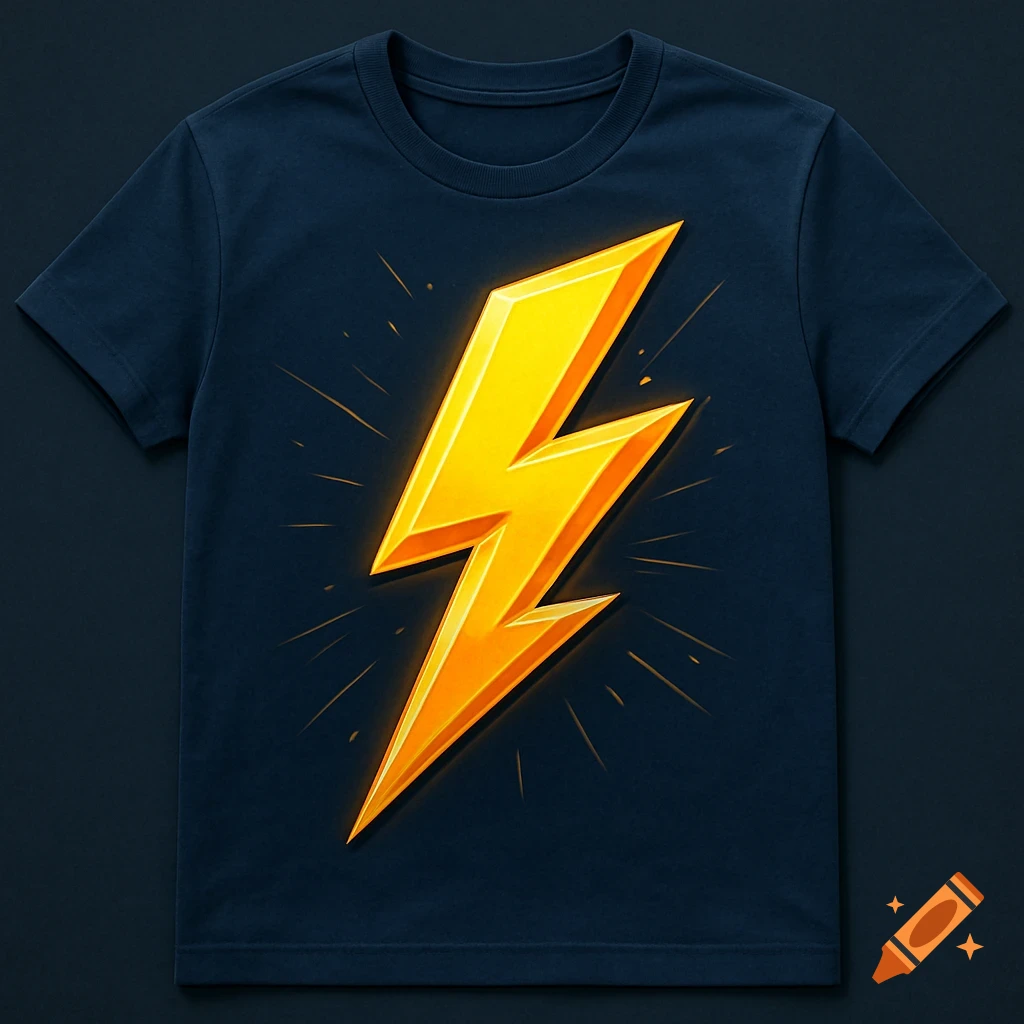 A dark blue t-shirt with a prominent, stylized yellow lightning bolt ...