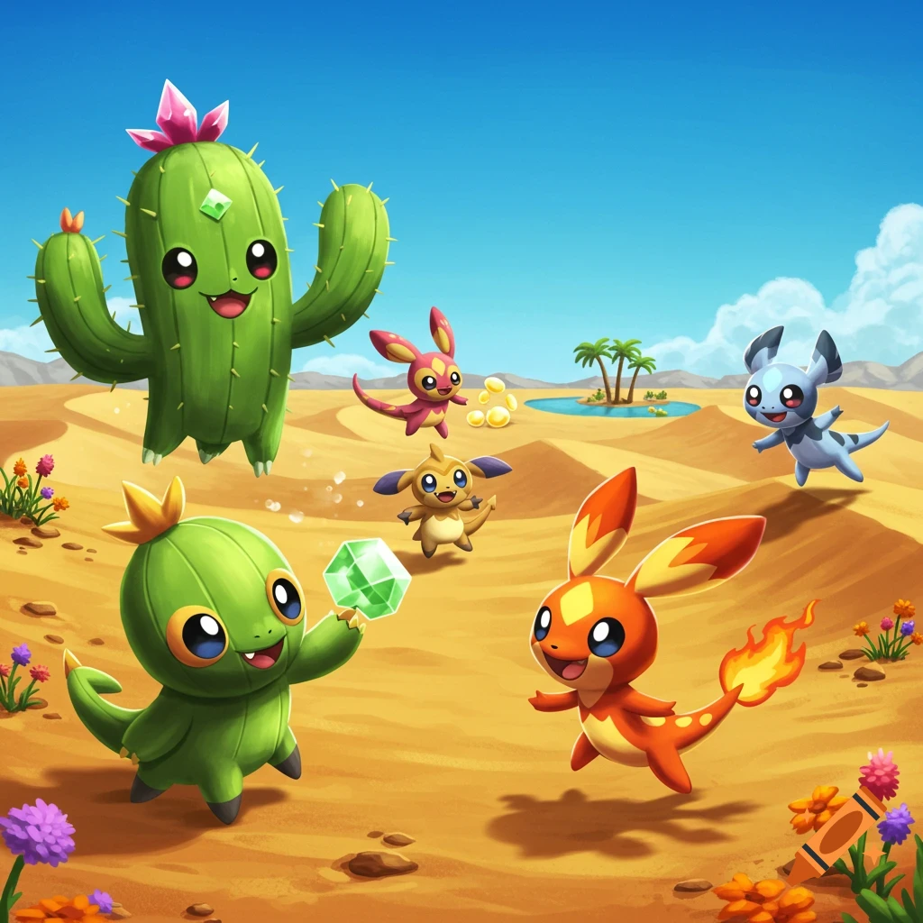 A small green grass-type creature, a red fire-type creature, and a blue ...