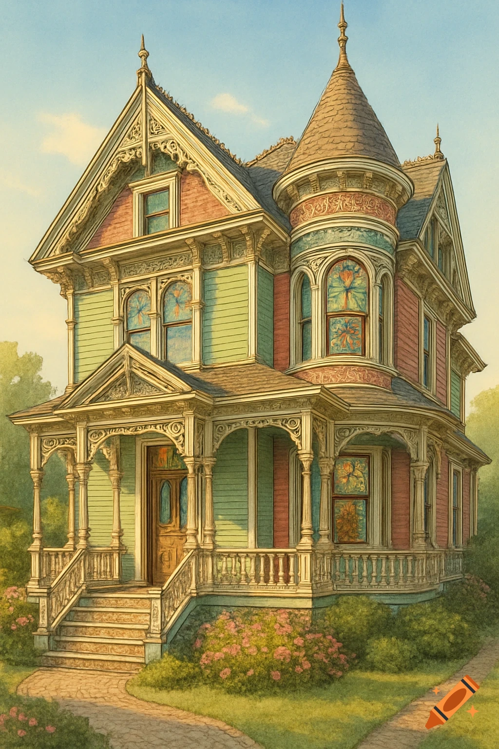 Colorful ornate Victorian house with a wraparound porch and garden ...