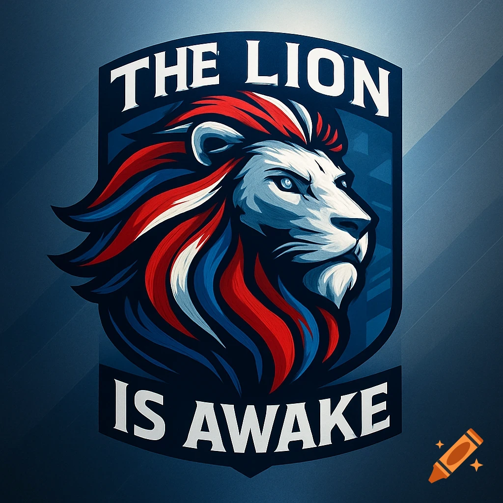 A red lion sejant wearing a silver collar, in a traditional heraldic ...