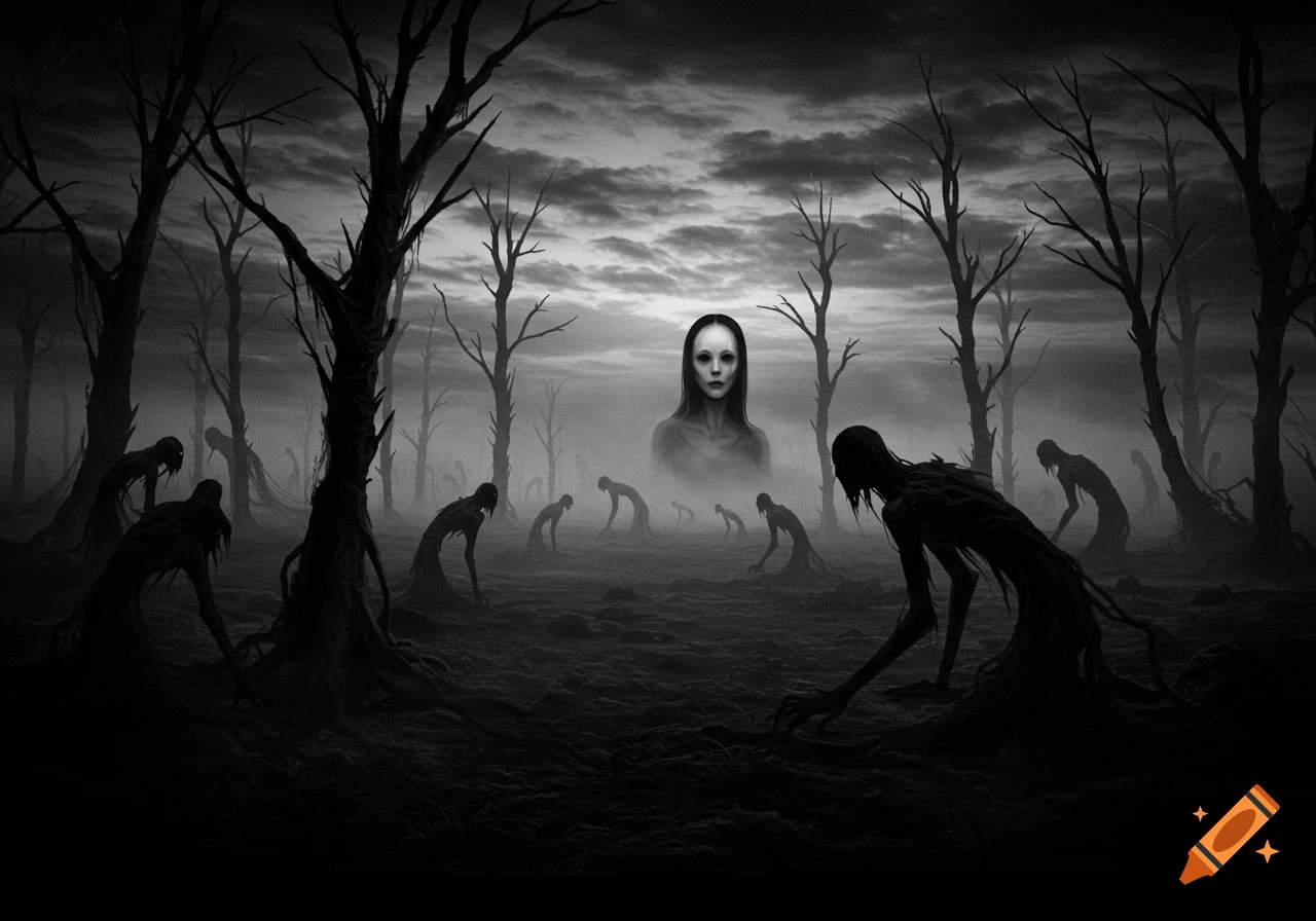 A skull with glowing red eyes and skeletal hands emerge from cracked ...