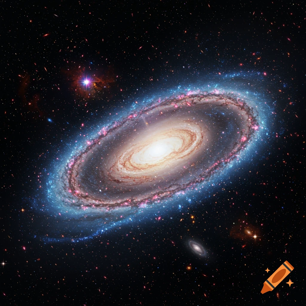 A vibrant, detailed galaxy with bright central jets extending from its ...