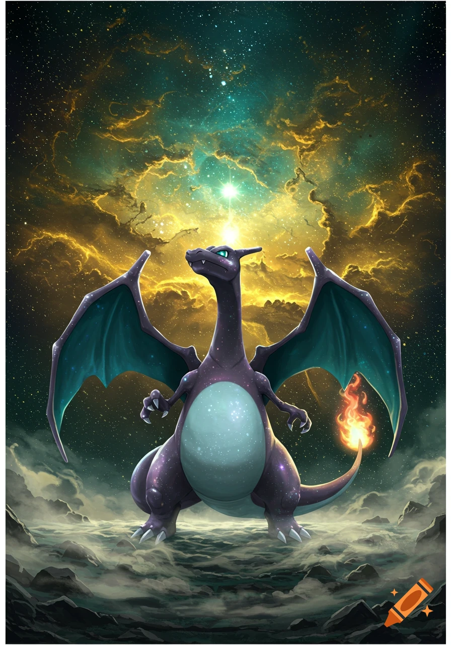 Charizard breathing fire at Rayquaza in an epic battle over misty ...