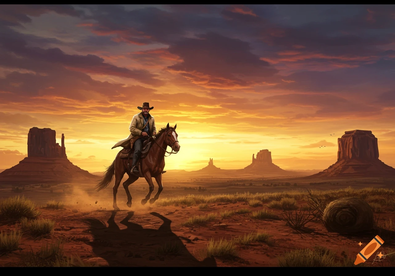 A cowboy on a horse in a dusty Old West town, with wooden buildings and ...