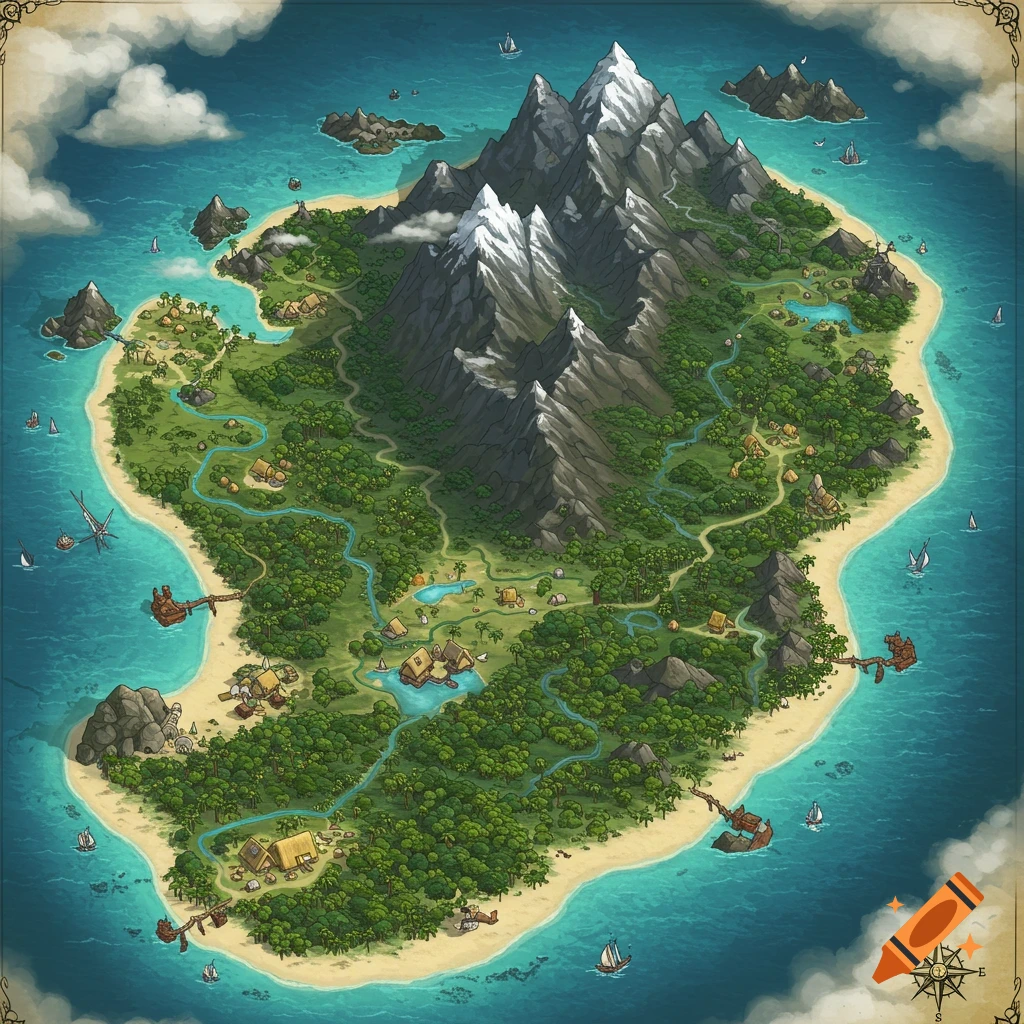 A hand-drawn fantasy map of an island with lush forests, winding rivers ...