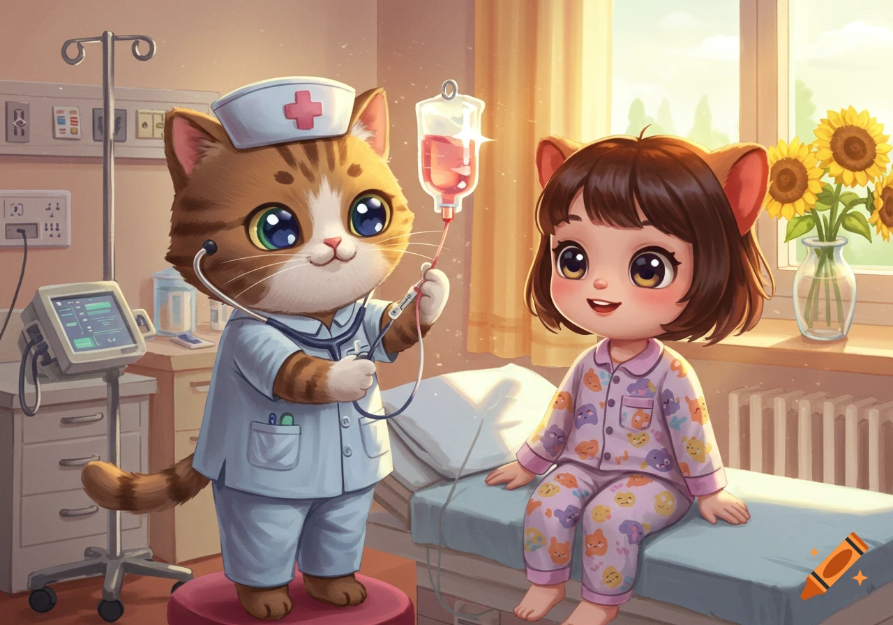 A cute cartoon cat nurse with a stethoscope and a human child patient ...
