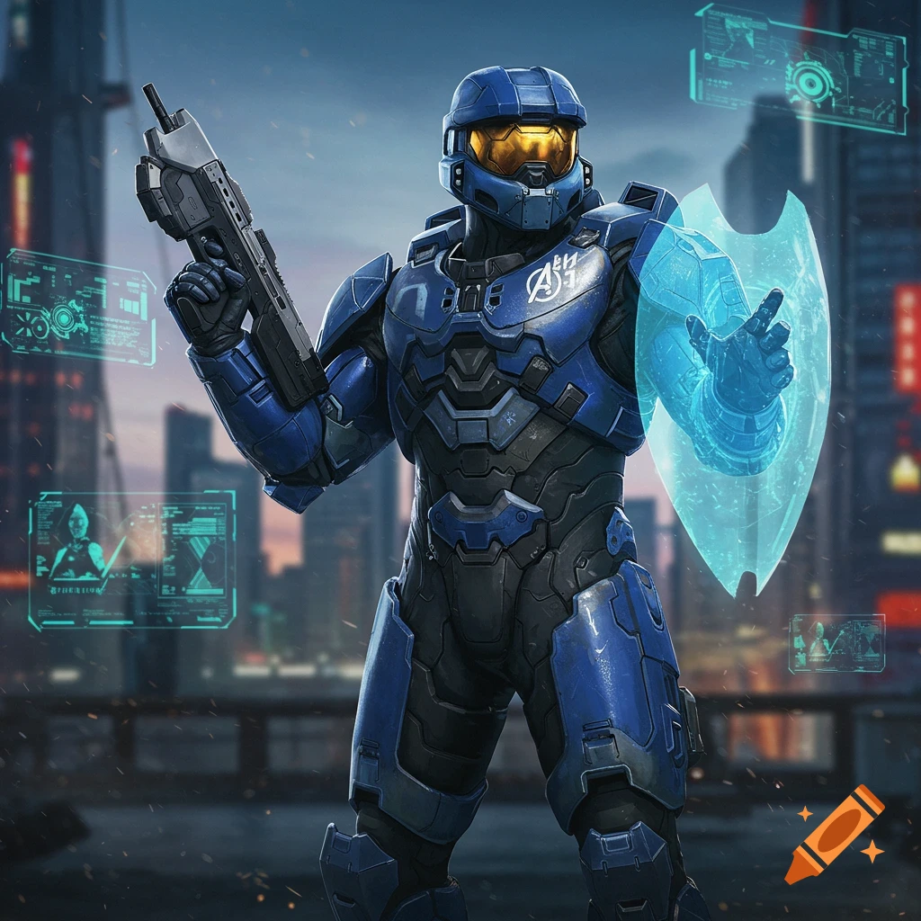 Illustration of Halo character in cyan armor with lightning background ...