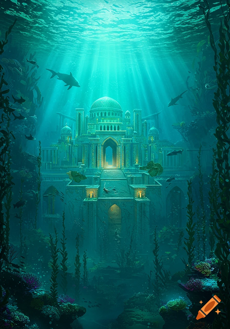 A vibrant, detailed illustration of an ancient underwater city ...