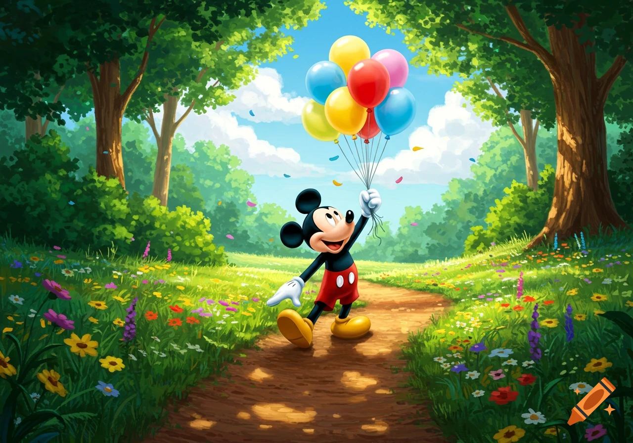 Mickey Mouse waves in a whimsical, colorful candy land with a fairytale ...