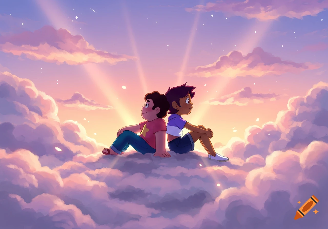 Steven Universe and Luz Noceda sit back-to-back on colorful clouds ...