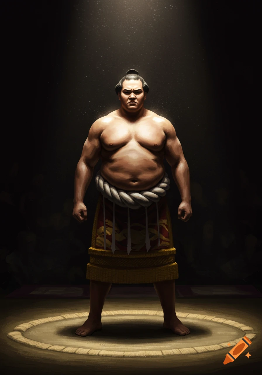 A muscular sumo wrestler stands powerfully in a spotlight on a dark ...