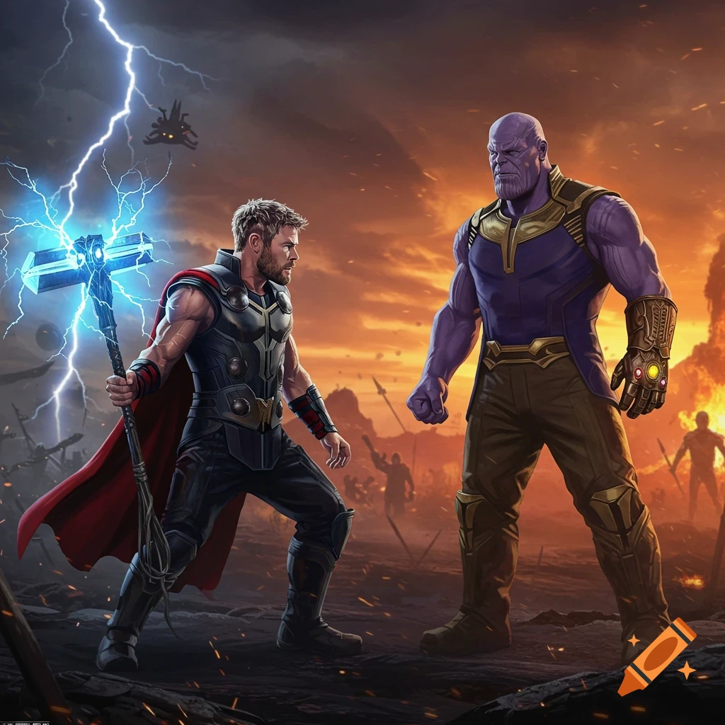 Thor wielding Stormbreaker and lightning confronts Thanos on a desolate ...