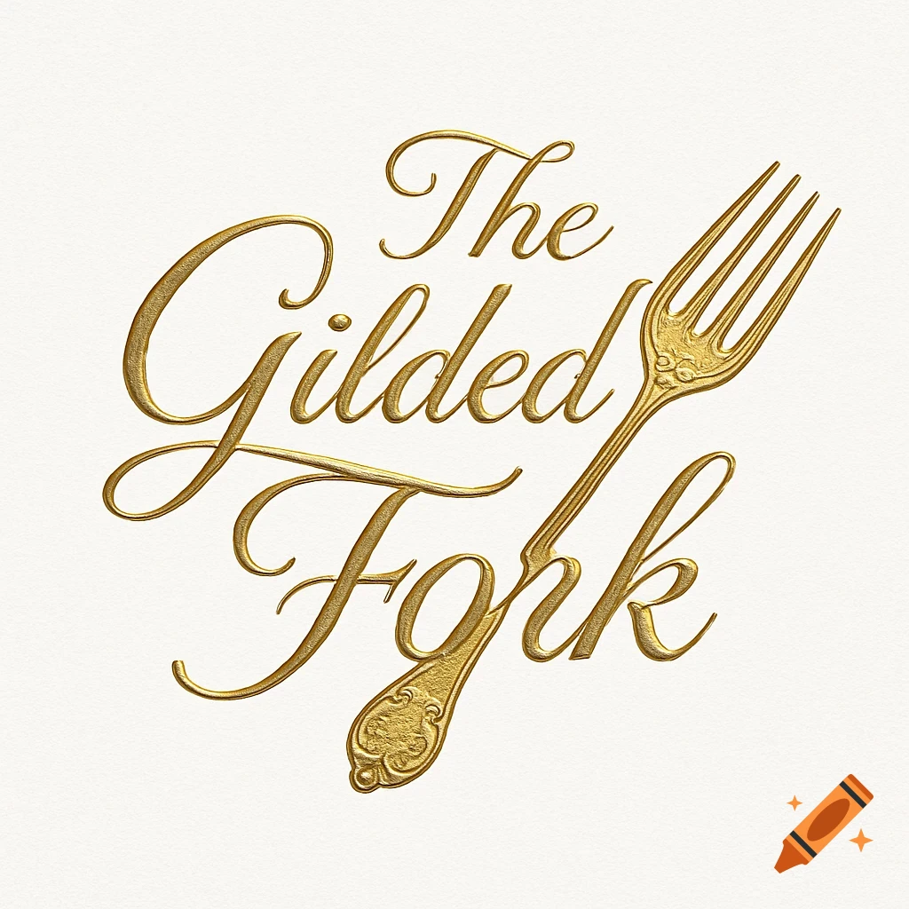 Gold embossed logo for 'The Gilded Fork' with script text and a ...