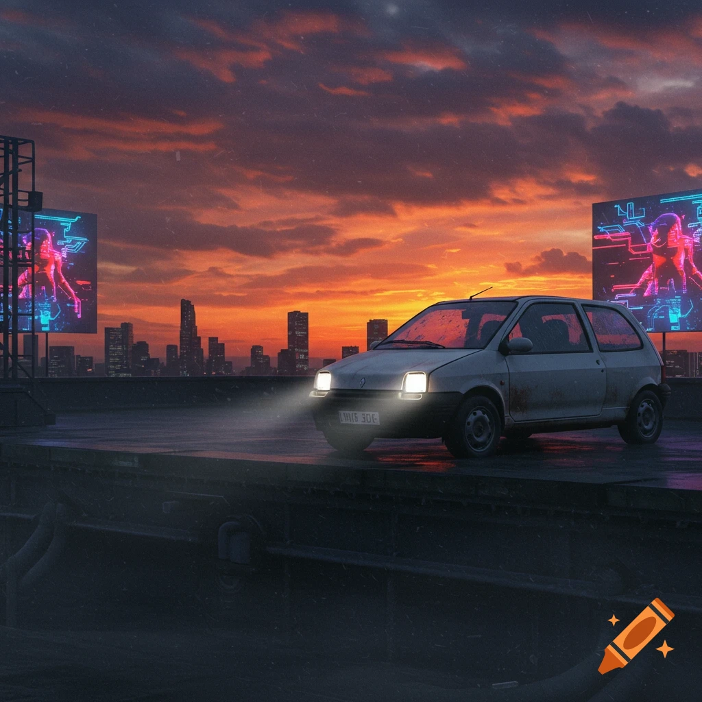 A white Renault Twingo car on a rooftop overlooking a city skyline at ...