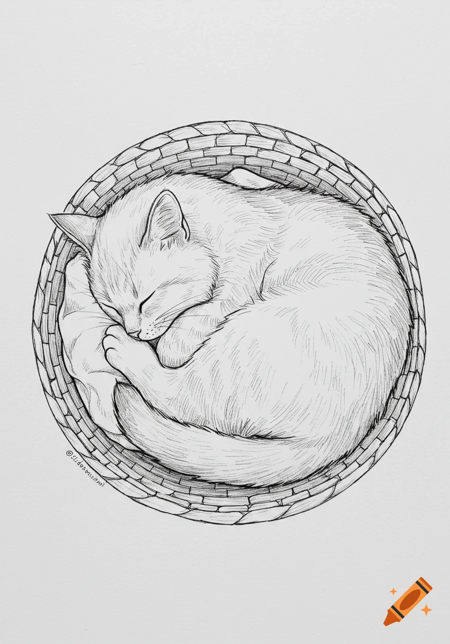 A black and white line drawing of a cat curled up and asleep in a ...