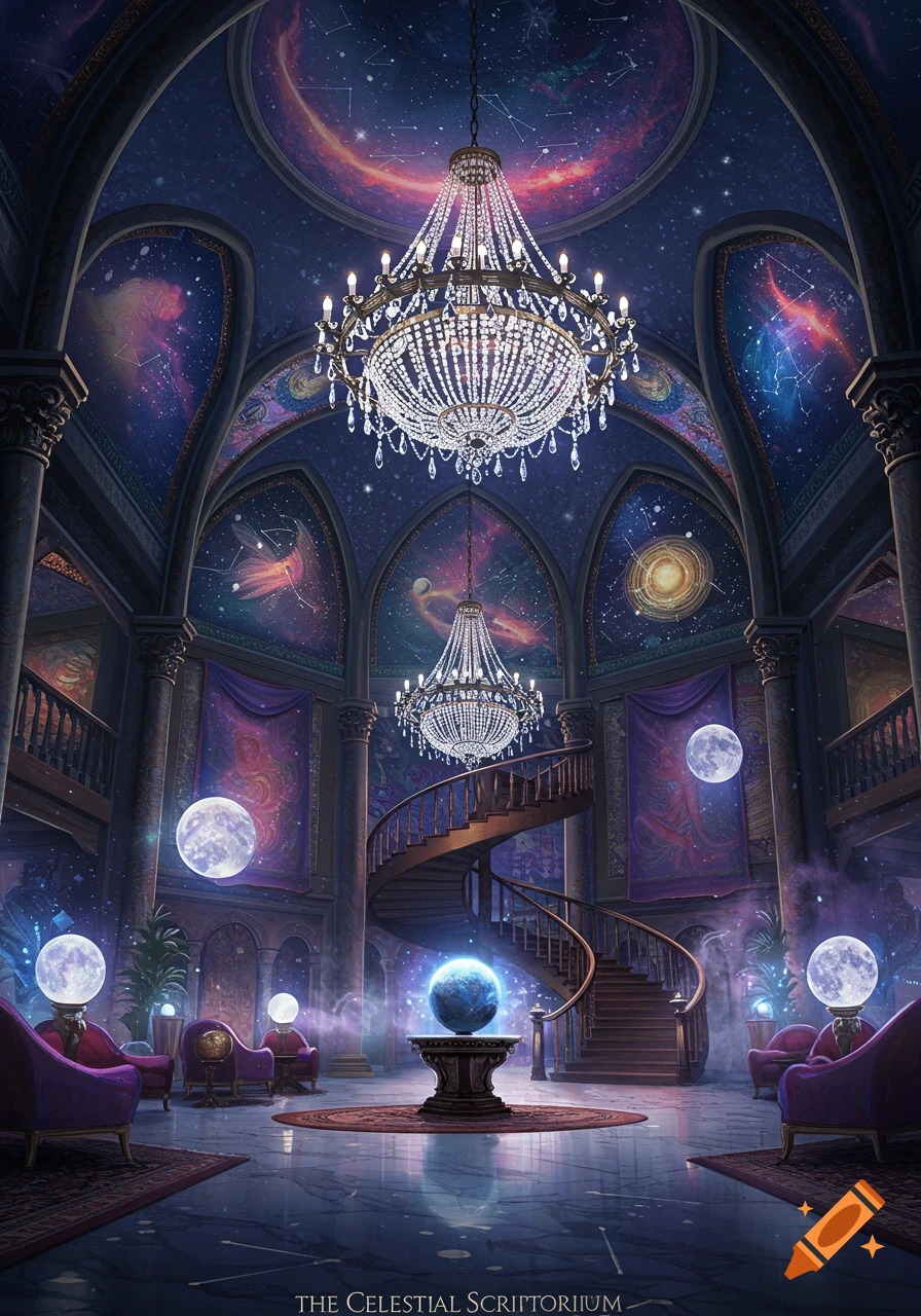 A bedroom decorated with a cosmic theme, featuring a galaxy ceiling ...