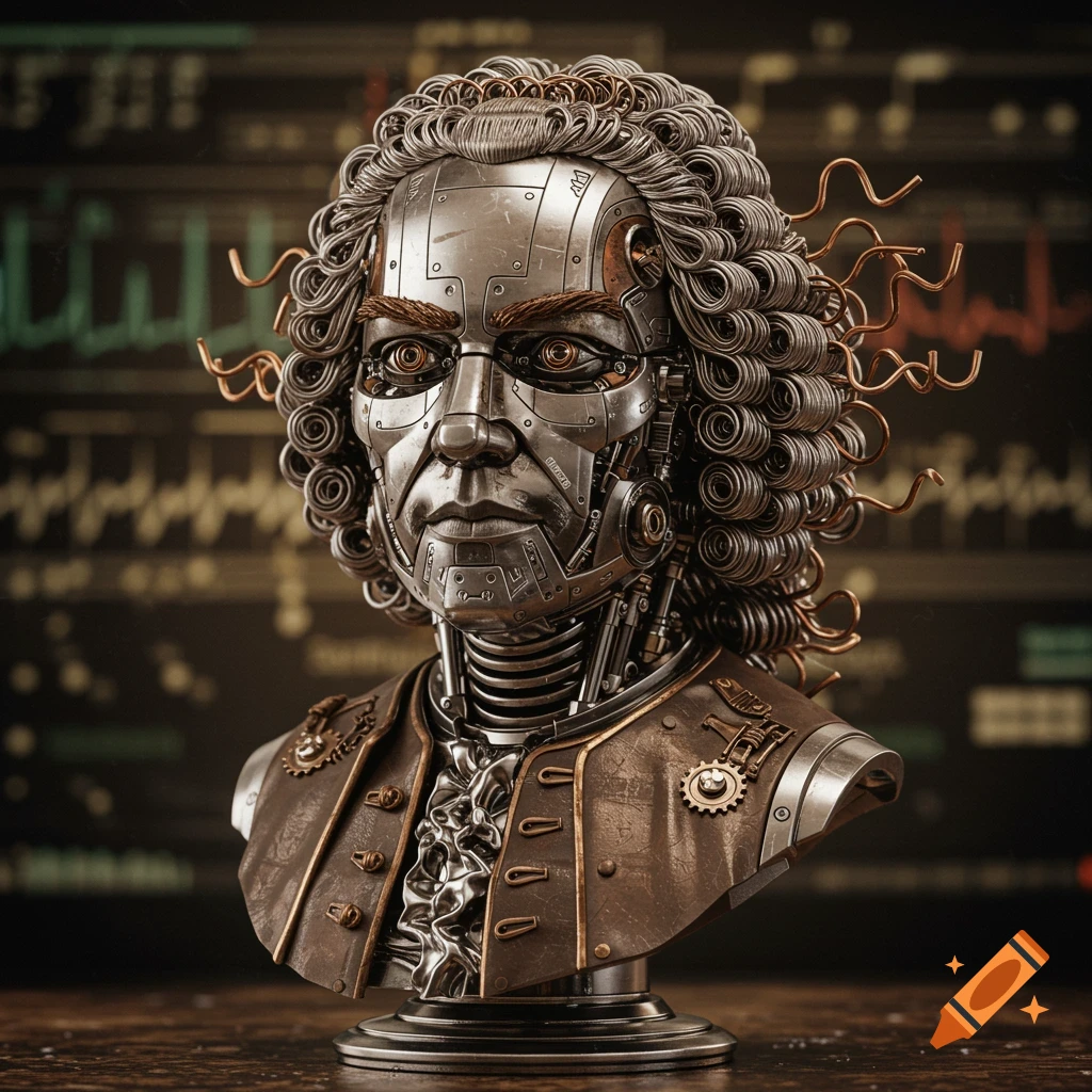 A detailed metal robot bust resembling J.S. Bach, with intricate ...