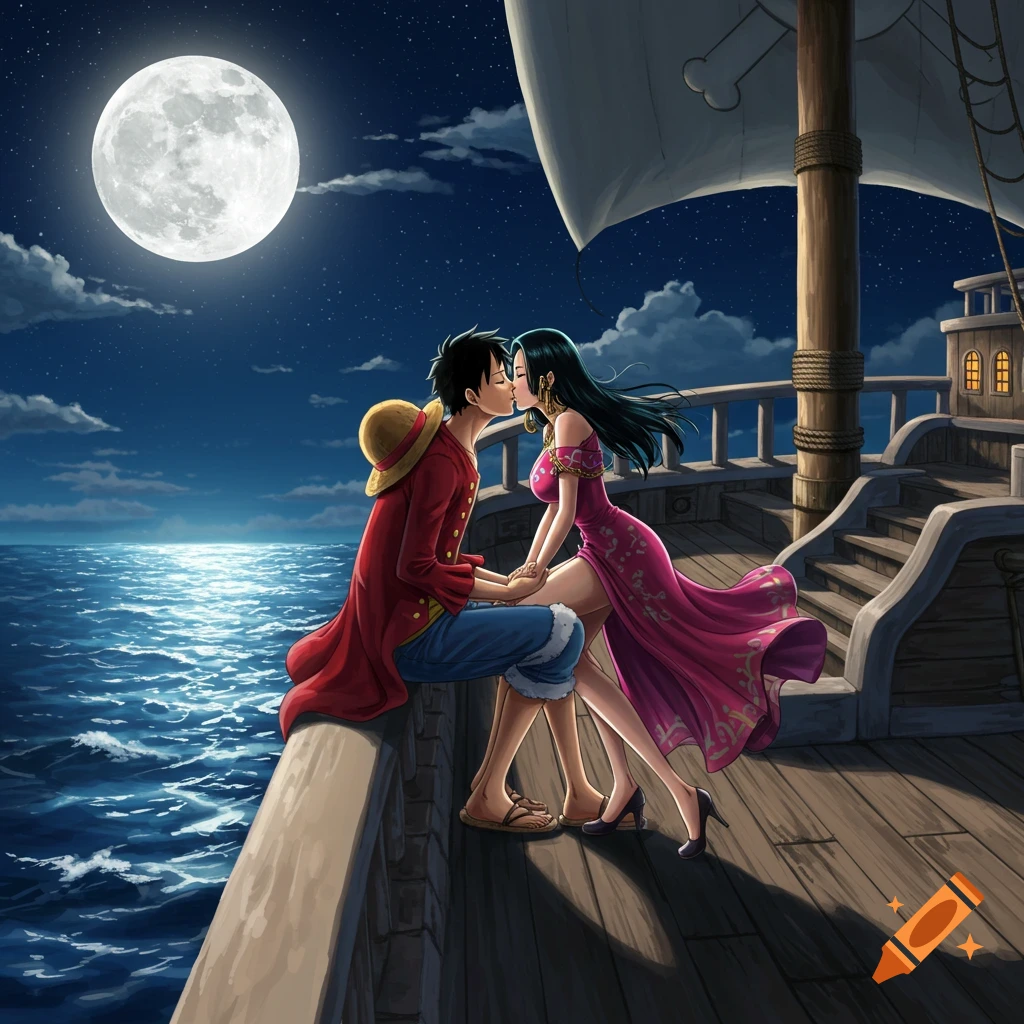 Anime characters Luffy and Hancock kiss at a drive-in movie theater ...