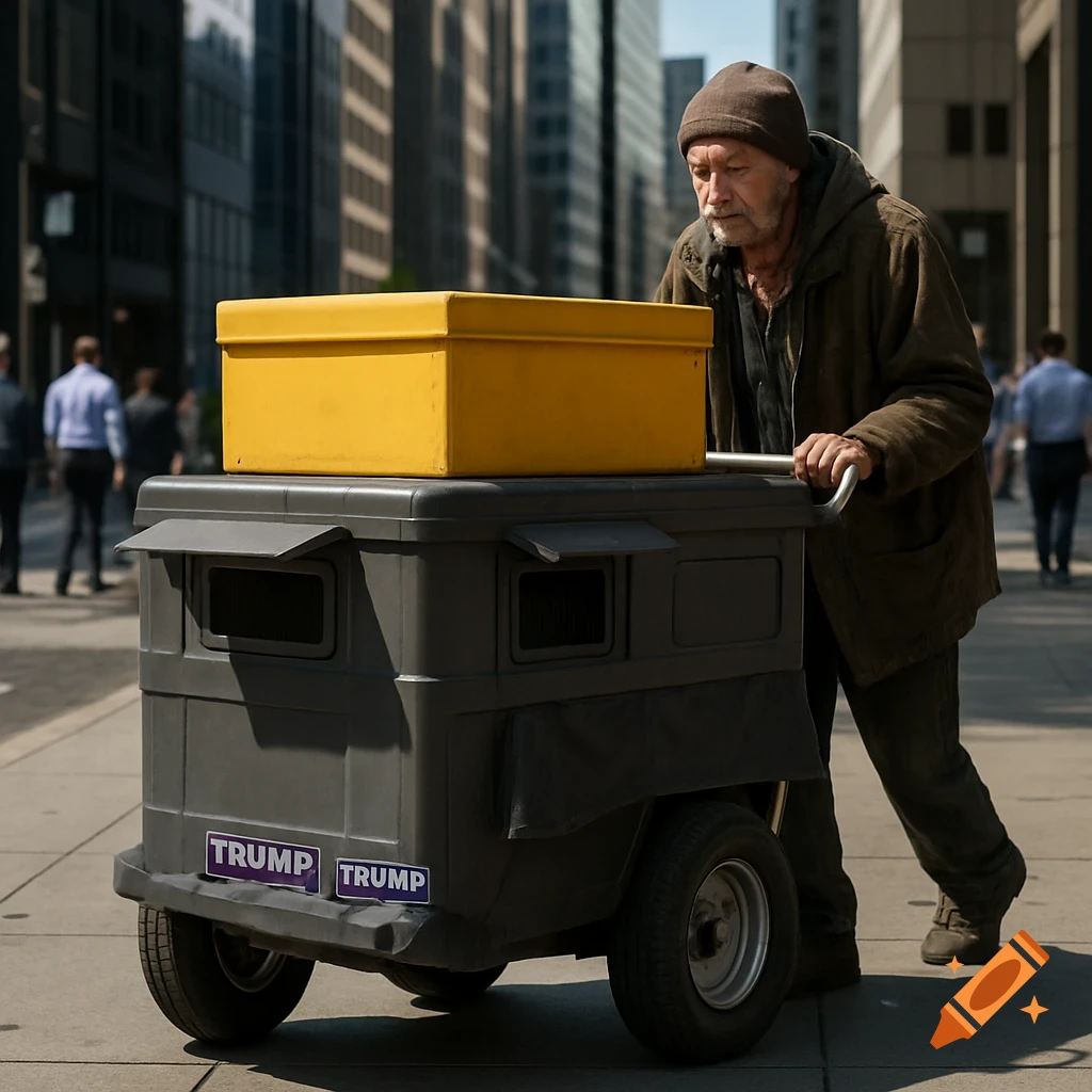 A homeless man pushes a cart with a yellow box and "TRUMP" stickers ...